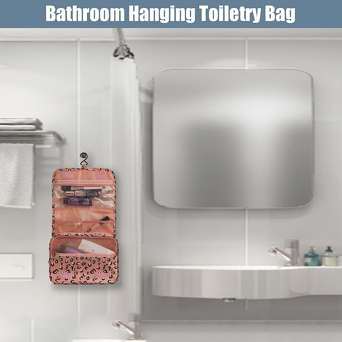 L&FY Hanging Travel Toiletry Bag Women's Cosmetic Organizer Makeup Pouch Men's Dopp Kits With Handle(Pink Leopard)