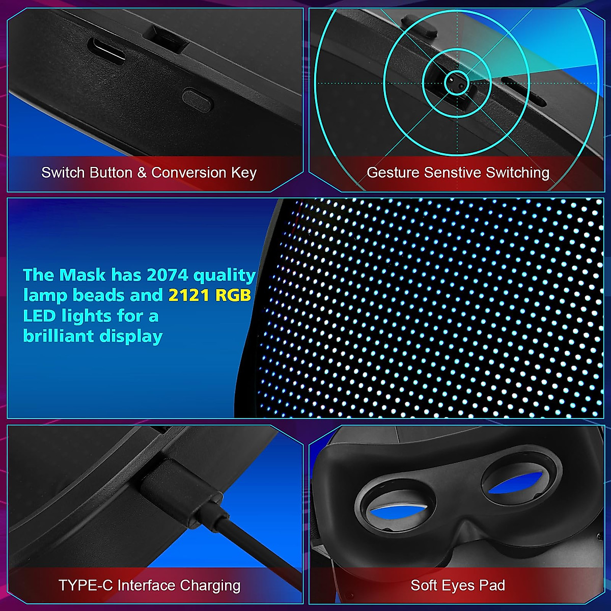 AIGLUN LED Mask with Gesture Sensing, LED Face Transforming Mask Toy, Christmas Gift Idea for Boys and Girls