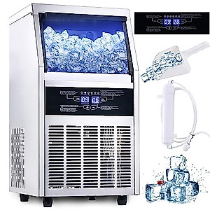Zomagas Commercial Ice Maker Machine, 80-90LBS/24H Under Counter Ice Maker, Stainless Steel Freestanding Ice Machine with 28LBS Bin, Self-Cleaning, Scoop, Ideal for Home Bar Offices