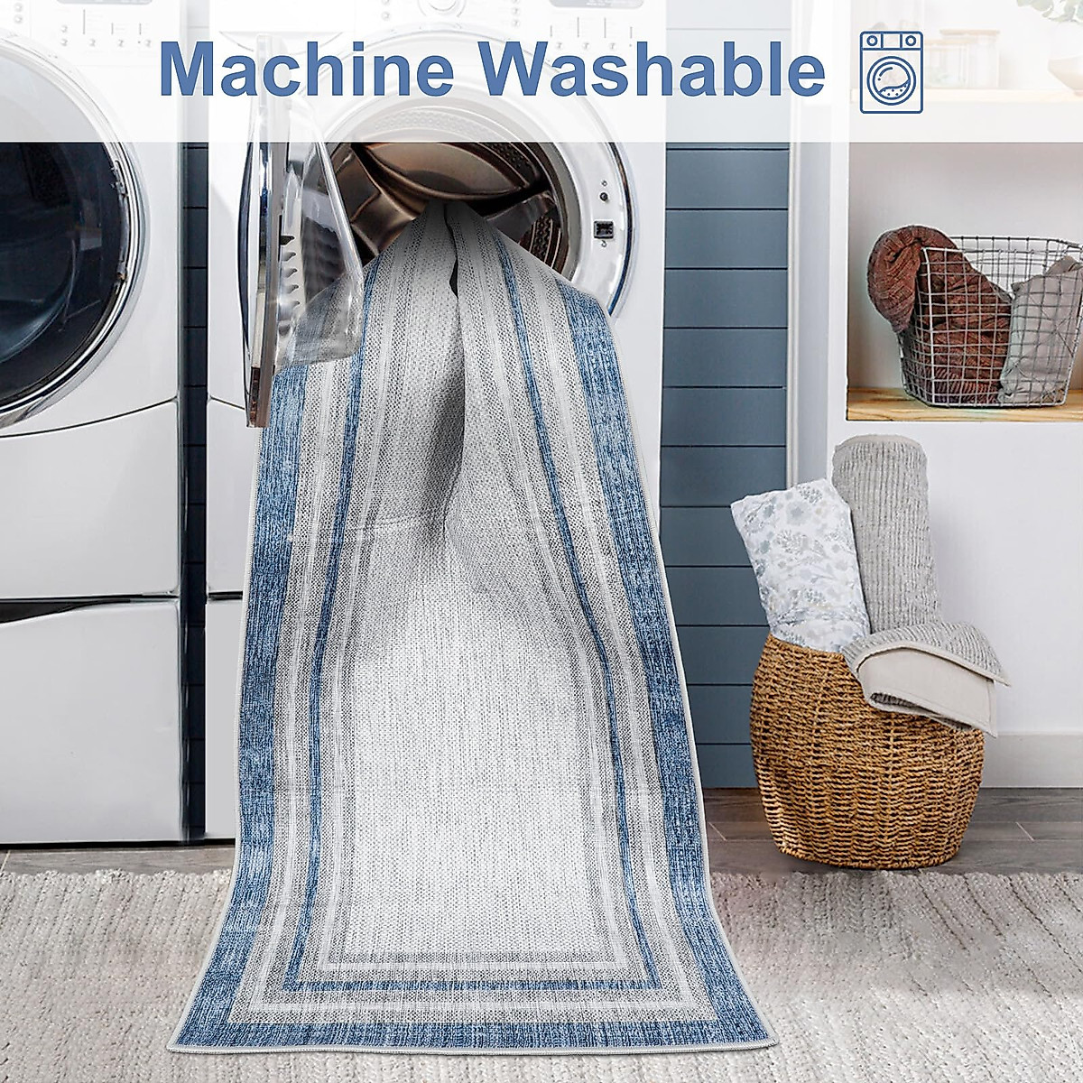 Beeiva Border Blue Rugs for Entryway, Kitchen Rugs Non Slip Washable 2x3 Throw Rugs with Rubber Backing, Modern Printed Small Accent Rugs for Bedroom Indoor Bathroom