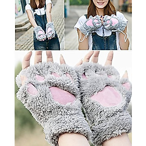 Loritta 2 Pairs Cat Paw Winter Plush Faux Fur Cute Kitten Fingerless Mittens Gloves,Black+Gray(2 Pairs)