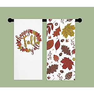 Mainstream Fall Kitchen Towels, Set of 2, Happy Fall Y all with Tossed Leaf Acorn Print Cotton Dual-Sided Terry Dishtowels Drying Cloth 16*26 inches White, Rust, Gold, Tan, Brown