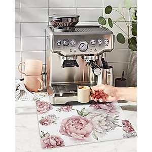 Vintage Watercolor Blossom Flowers Green Leaf Coffee Mat Coffee Maker Mat,Super Absorbent Coffee Bar Accessories,Pink White Floral Non-slip Coffee Station Mat Dish Drying Pad,12x20in