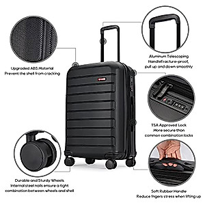 GinzaTravel 3-Piece ABS Luggage Set with TSA Locks, Expandable, and Friction-Resistant in Black - Includes 20", 24" & 28" Spinner Suitcases