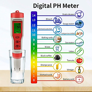 iPower Digital Water, 4 in 1 Tester with pH/TDS/EC/Temp Function, ±0.1 High Accuracy, 0-14 Measurement Range for Hydroponics, Aquarium, Pond, 4-in-1, Red and White