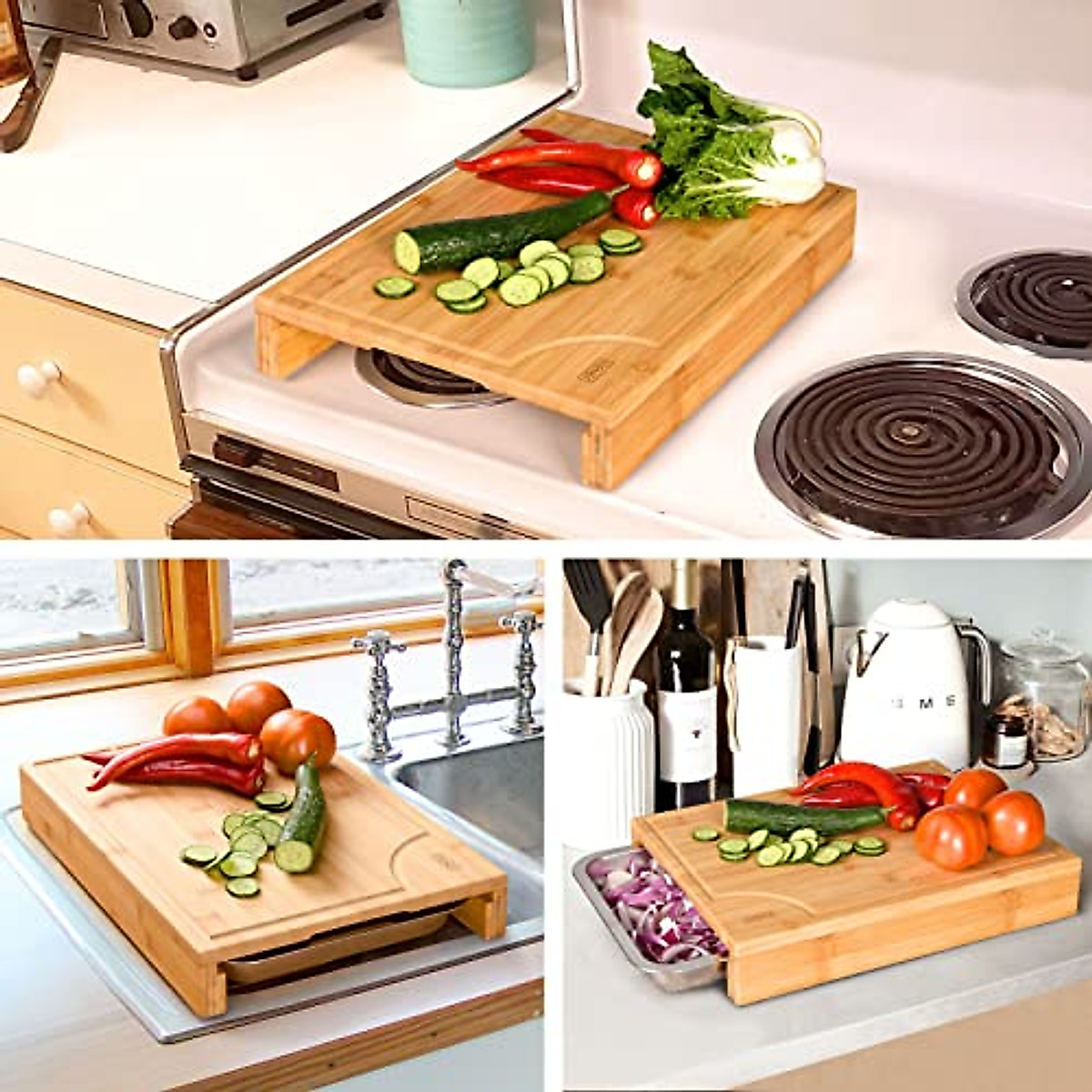 JENELI CO Large Bamboo Cutting Board with Containers, Meal Prep Station with Slide Out Stainless Steel Trays and Collapsible Containers, Smart chopping board-Over the Sink or Countertop