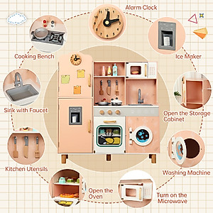 Bruvoalon Wooden Play Kitchen Toy Set for Kids, with Realistic Design, Sink with Faucet, Oven, Microwave, Utensils, Kitchenware Play Food Set Accessories, Birthday Gifts for Toddlers Boys Girls (Pink)