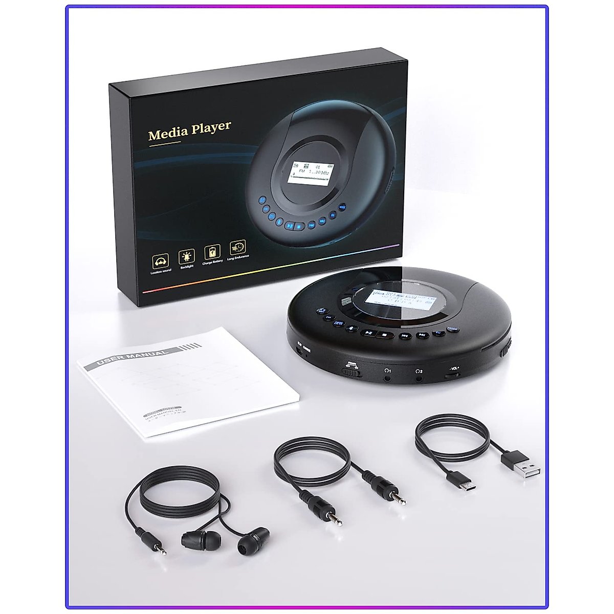 CD Player Portable ARAFUNA, Portable CD Player Bluetooth with FM Radio, 2000mAh Rechargeable CD Player for Car with LCD Screen, Anti Shock Protection Walkman CD Player with Headphone, AUX Cable