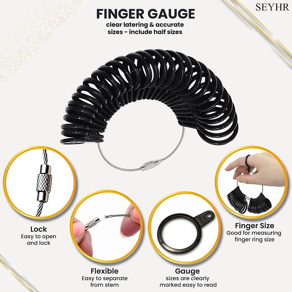 SEYHR Ring Sizer Measuring Tool Set with Ring Mandrel US Size 1-13 EU 41-76 Black Ring Sizing Kit & Transparent Ring Sizer Adjuster for Loose Rings with Microfiber Polishing Cloth