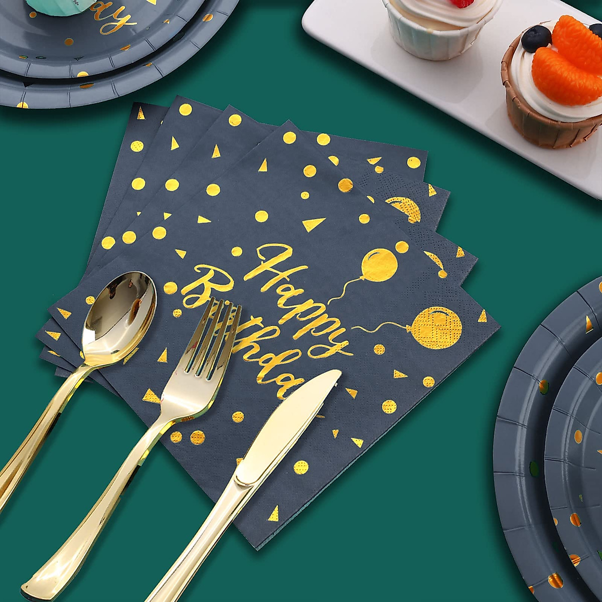 joy akkess 175 Pcs Blue Birthday Party Supplies - Blue Birthday Plates and Napkins Set Serves 25 - Blue and Gold Birthday Plates Napkins Cups Cutlery for Men Happy Birthday Party Decorations