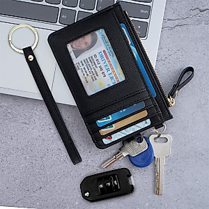 Aiyo Nice Women Slim RFID Card Case Holder Wristlet Zip ID Case Wallet Small Leather Wallet Coin Purse with Keychain (Black)