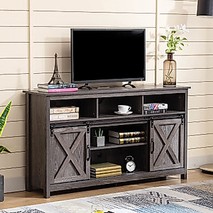 fancyqube Farmhouse Coffee Bar Cabinet, Rustic Sliding Barn Door Storage Cabinet with Power Outlet, Buffet Server Sideboard Cupboard Table for Dining Room Entryway Kitchen (Wash Grey)