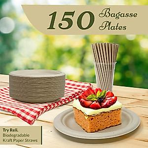 Reli. Compostable Paper Plates, 7 Inch (150 Pack Bulk) | Brown Disposable Plates 7" | Heavy Duty Paper, Eco Friendly | Made of Sugarcane Fibers/Bagasse - Biodegradable (Natural), Small