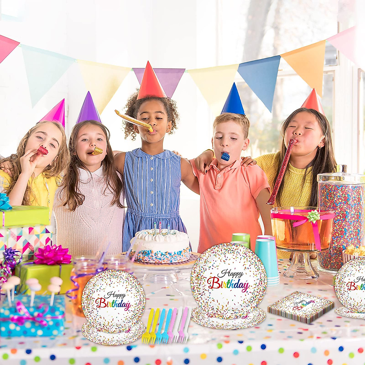 96 Pieces Happy Birthday Plates and Napkins Party Supplies for Confetti Sprinkles Theme Table Decorations Pastel Birthday Party Tableware Donut Paper Plates Napkins Forks Favors for 24 Guests.