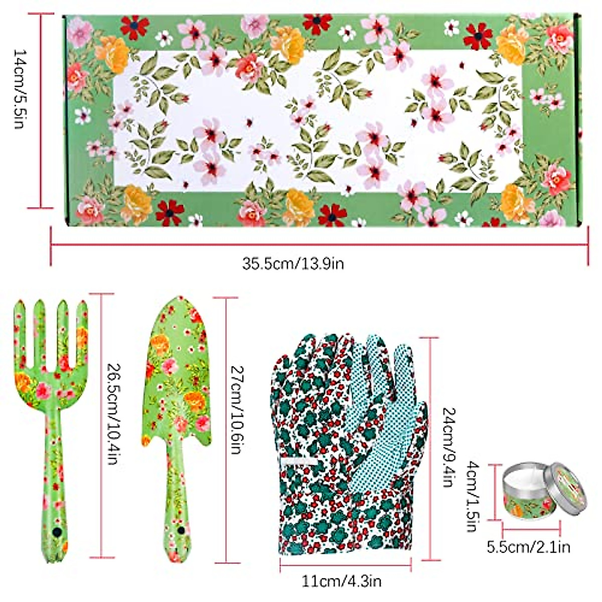 MERTURN Garden Tool Set,6Pcs Heavy Duty Aluminum Gardening Tools Kit Include Garden Gloves,Rake, Shovel,Candles, Gardening Gifts Box for Women Men Gardener with Floral Pattern