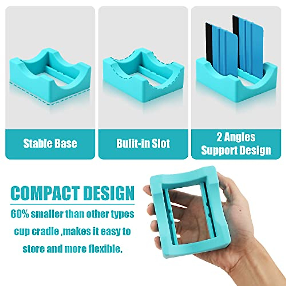 Small Silicone Cup Cradle for Crafting,Tumbler Holder with Built-in Slot and Felt Edge Squeegee, Use to Apply Vinyl Decals for Mug Beer Can and Glass Bottle, Anti-Skidding Display Tumbler Stand (Cyan)