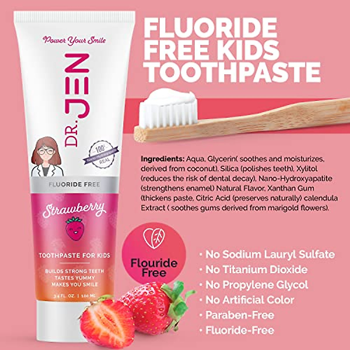 Dr Jen Fluoride Free, Children’s Remineralizing Toothpaste, Safe-to-Swallow, Kid Friendly, Nano Hydroxyapatite, Dentist Recommended, Eliminate Mouth Bacteria (3.4 oz, Pack of 1)