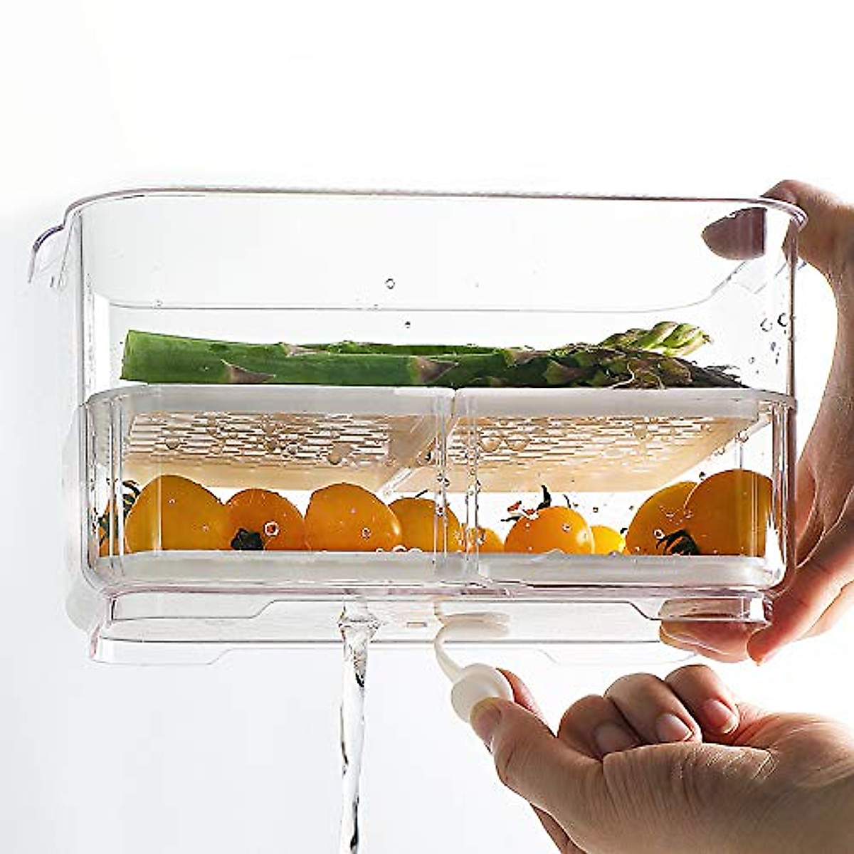 SANNO Fridge Food Storage Containers Produce Saver FreshWorks Produce Food Storage Container Bin Stackable Refrigerator Kitchen Organizer Keeper, with Removable Drain Tray to Keep Fresh