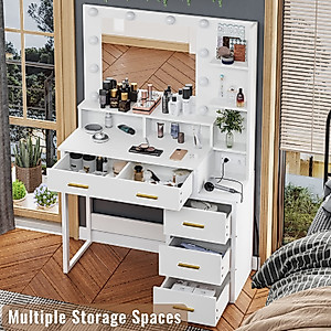 Tiptiper White Makeup Vanity with 10 Light Bulbs, Modern Vanity Desk with Mirror & 3 Lighting Modes, Vanity Table with 2 USB Ports and Outlets, Makeup Desk with Nightstand, Storage Shelves and Drawers