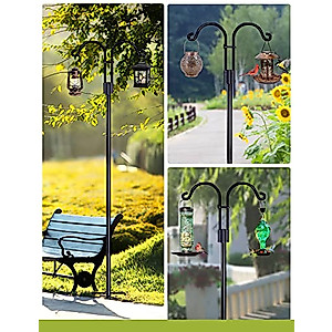 STAUKOK Double Shepherds Hooks for Outdoor, 2 Pack 92 Inch Bird Feeder Pole with 5 Prongs Base, Heavy Duty Garden Hook for Hanging Plant, Lantern, Hummingbird Feeder