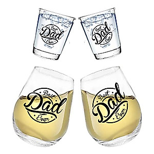 BISYATA Best Dad - Wine Glasses & Shot Glasses Gift Set - Best Dad Ever - Unique Novelty Gift for Fathers Day, Birthday. Two-11oz Wine Glasses and Two-2oz Shot Glasses - With Gift Box