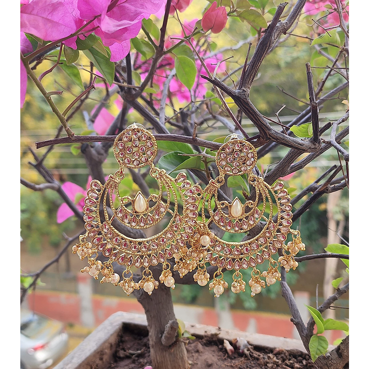 Saissa Gold Plated Bollywood Chandbali Boho Earrings Indian Jewelry for Women (Golden)