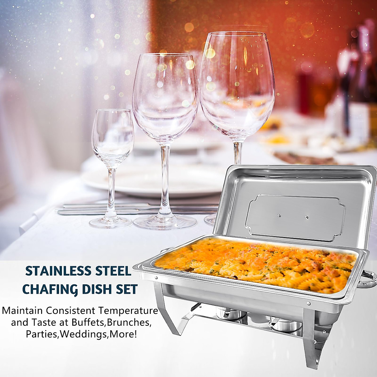 Jacgood Chafing Dish Buffet Set 4 Pack 8QT Stainless Steel Food Warmer Chafer Complete Set with Water Pan, Chafing Fuel Holder for Party Catering