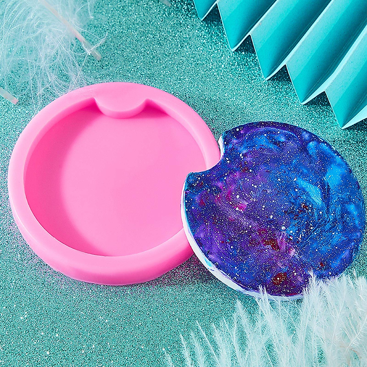 4 Pieces Silicone Resin Mold Keychain Pendant Mold DIY Coaster Mold Crafts Casting Mold Coaster Clay Mold for Homemade Coaster Jewelry Making Tool and DIY Keychain Decoration