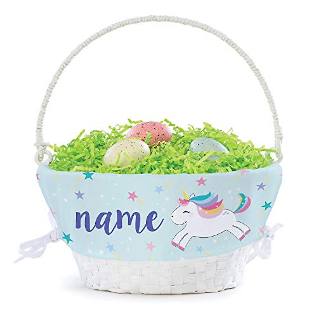 Rainbow Unicorn Personalized Easter Egg Basket with Handle and Custom Name | Blue Easter Basket Liners | White Basket | Woven Easter Baskets for Kids | Customized Easter Basket | Gift for Easter