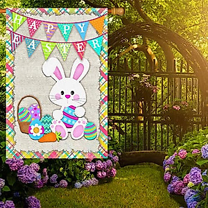 Surfapans Happy Easter Bunny House Flag 28x40 Inch Double Sided Outside Burlap Easter Rabbit Eggs Outdoor Large Yard Flags Porch Home Holiday Decoration