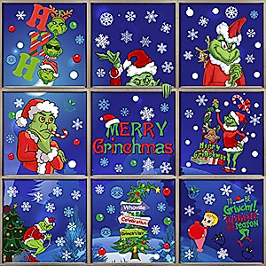 9 Sheets Christmas Decorations Window Clings - 102pcs Christmas Window Stickers Double-Sided with Christmas Tree Reindeer Snowflakes Decals for Christmas Holiday New Year Home School Party Supplies