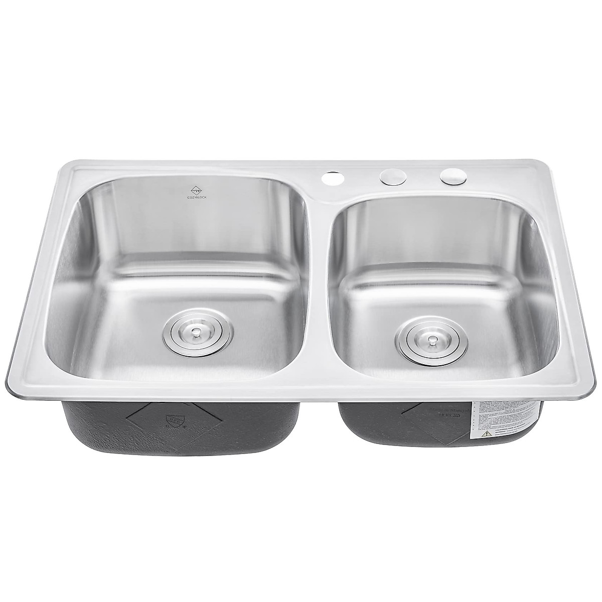 CozyBlock 33 x 22 x 9 Inch 60/40 Offset Top-mount/Drop-in Stainless Steel Double Bowl Kitchen Sink with Strainer and Protective Bottom Grid - 18 Gauge Stainless Steel-3 Faucet Hole