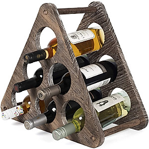 Rustic State Marche Countertop Wood Wine Rack Holder for 6 Bottle Storage Tabletop Triangle Design Freestanding Organizer - Home, Kitchen, Dining Room Bar Décor - Burnt Brown