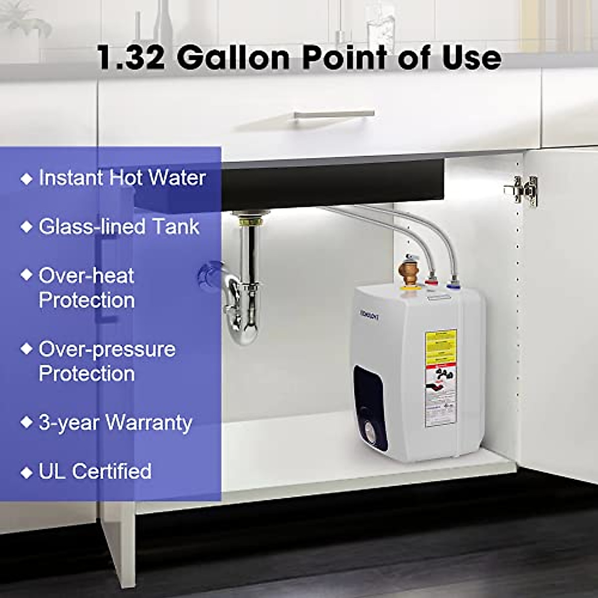 Tecnolove Mini Tank Electric Water Heater UL Listed, 1.32 Gallon (MT15) Under Sink Water Heater for Point of Use, 120V Corded Wall or Floor Mounted