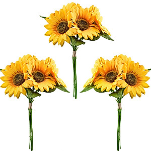 XONOR Artificial Sunflowers Bouquet, 3 Bouquets Artificial Silk Sunflowers with Stems Leaves for Wedding Bridal Party Garden Home Office Decoration