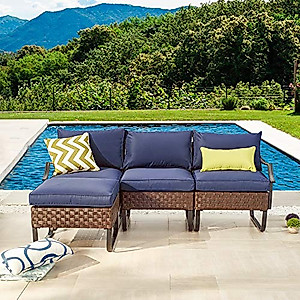 Romayard Outdoor Wicker Ottoman Patio Footstool Rattan Furniture Coffee Table All Weather Foot stools Seat with Cushion