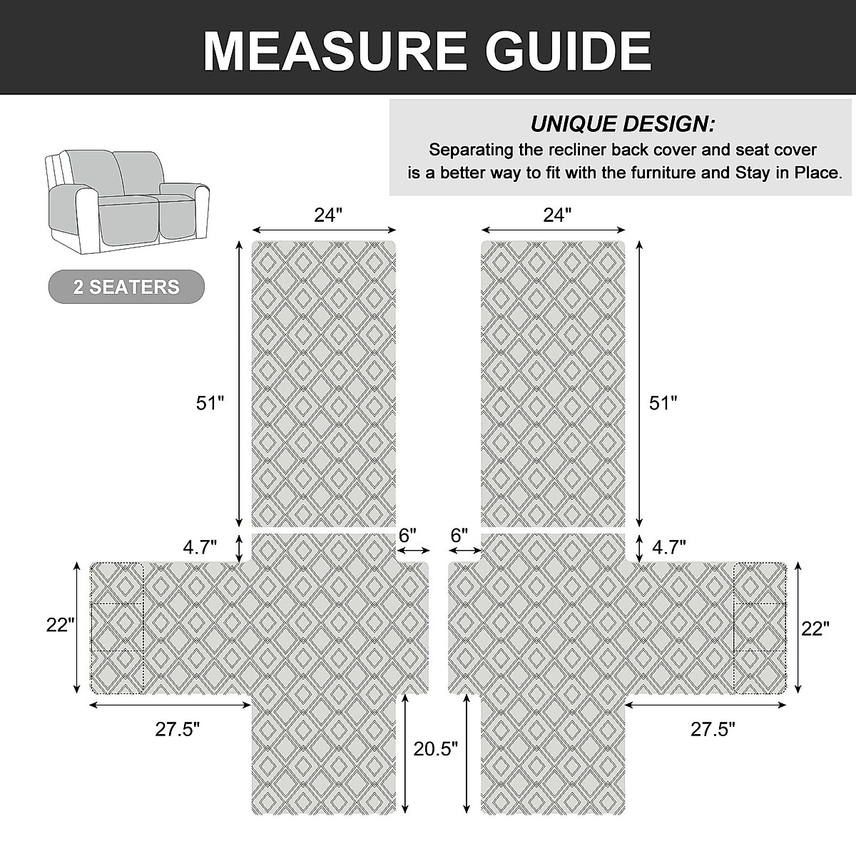 Genina Loveseat Recliner Cover Non-Slip, Sofa Cover for Reclining Couch 2 Seat, Loveseat Covers Double Recliner Furniture Protector Cover with Elastic Straps for Pets (Dark Gray, Recliner Loveseat)