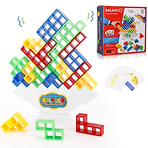 DEWEL 48Pcs Stacking Blocks Game, Board Stacking High Balance Challenge Game for Adults, Kids, Family Games, Parties, Travel