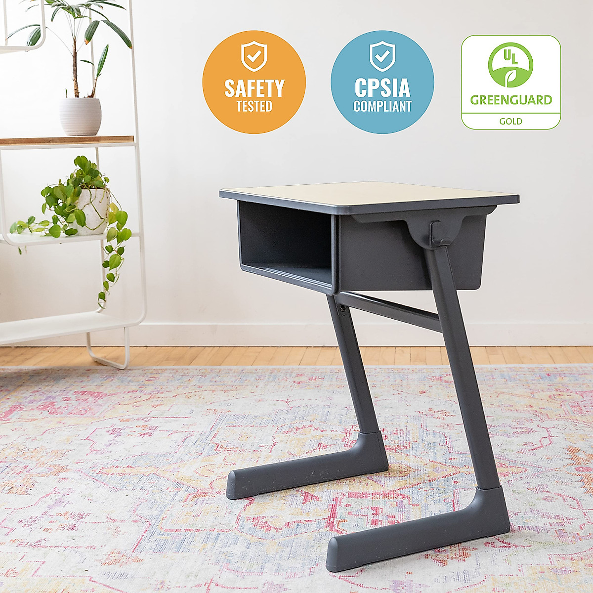 ECR4Kids Cave Open Front Desk with Plastic Book Box, Classroom Furniture, Maple/Black