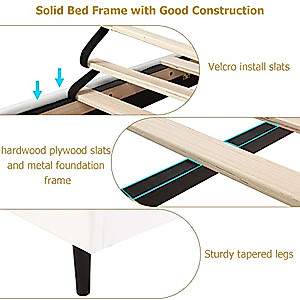 Full Size Bed Frame Upholstered Queen Bed Frame with Faux Leather Headbaord Modern Deluxe Wingback, Mattress Foundation Wood Slat Support Platform Bed No Box Spring Needed, Easy Assembly, White