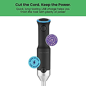 Chefman Cordless Power Portable Immersion Blender, Ice Crushing Power with One-Touch Speed Control, USB Charging, Quickly Mixes Smoothies, Purees Soups, Dips, Sauces, Storage Case, Stainless Steel