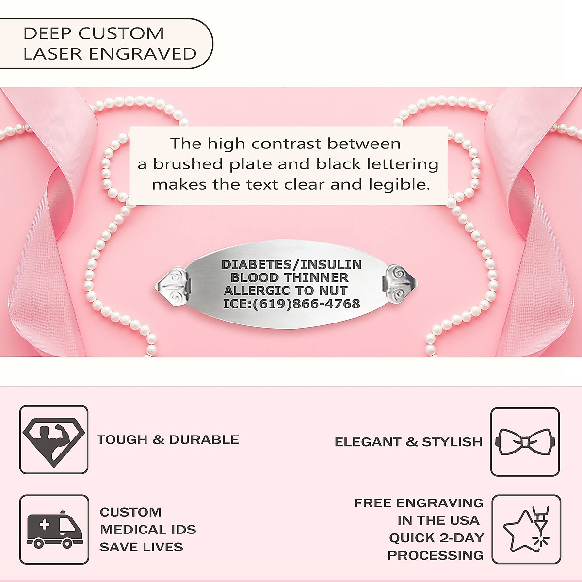 Divoti Custom Engraved Medical Alert Bracelets for Women, Stainless Steel Medical Bracelet, Medical ID Bracelet w/Free Engraving – Lovely Filigree Tag w/Tri-Strand-Light Green-6.0"