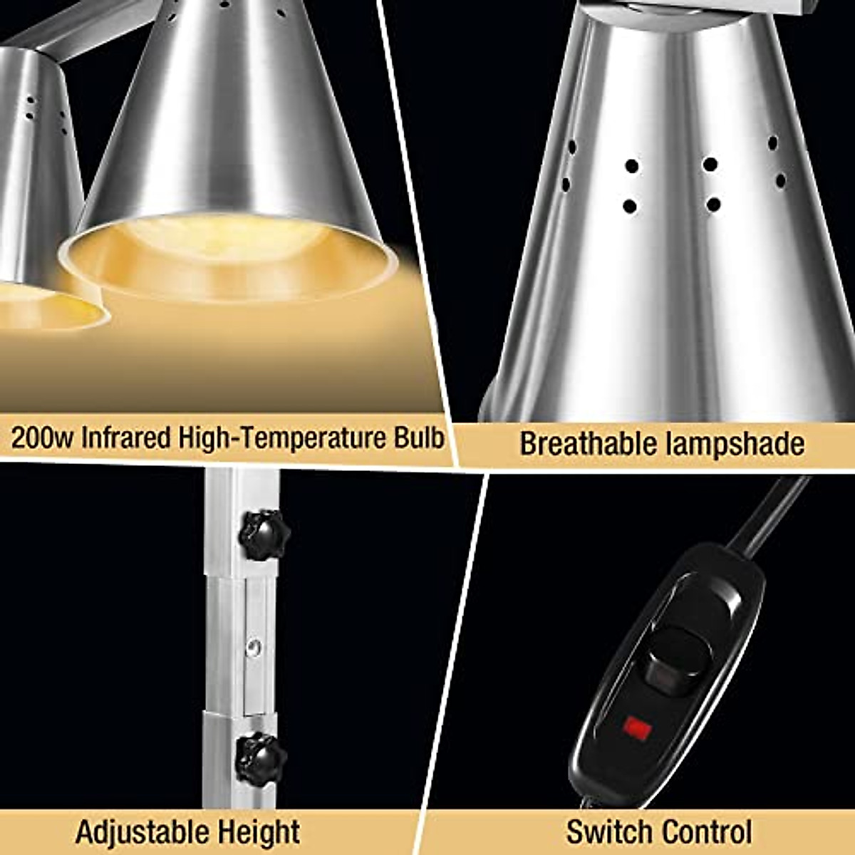 Restlrious Food Heat Lamp Freestanding Commercial Portable Food Warmer, Stainless Steel 120V Electric Food Heat Lamp with 2 Bulbs for Food Service - 250W Each, Fan-Shaped Lampshade