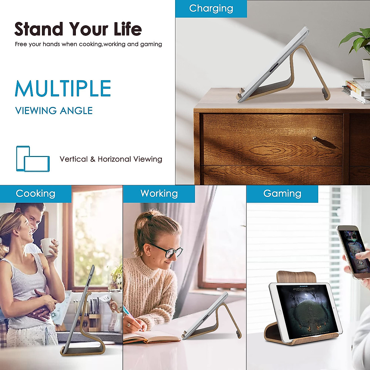 SAMDI Wood Tablet Stand, Wooden iPad Holder: Desktop Stand Holder Dock for new iPad 2017 Pro 9.7, 10.5, Air mini 2 3 4, Kindle, Nexus, Accessories, Tab, E-reader, other Tablets(4-13 inch)-Black Walnut