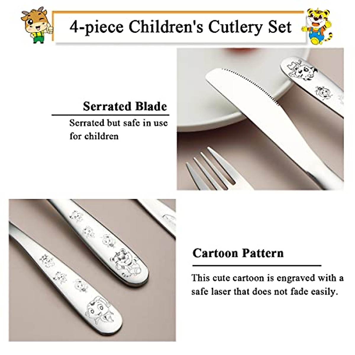 Berglander Toddler Utensils 4 Pieces Stainless Steel Kids Silverware Set, Children Safe Forks and Spoons Flatware, Mirror Polished Smooth Round Edage Cutlery Sets, Dishwasher Safe