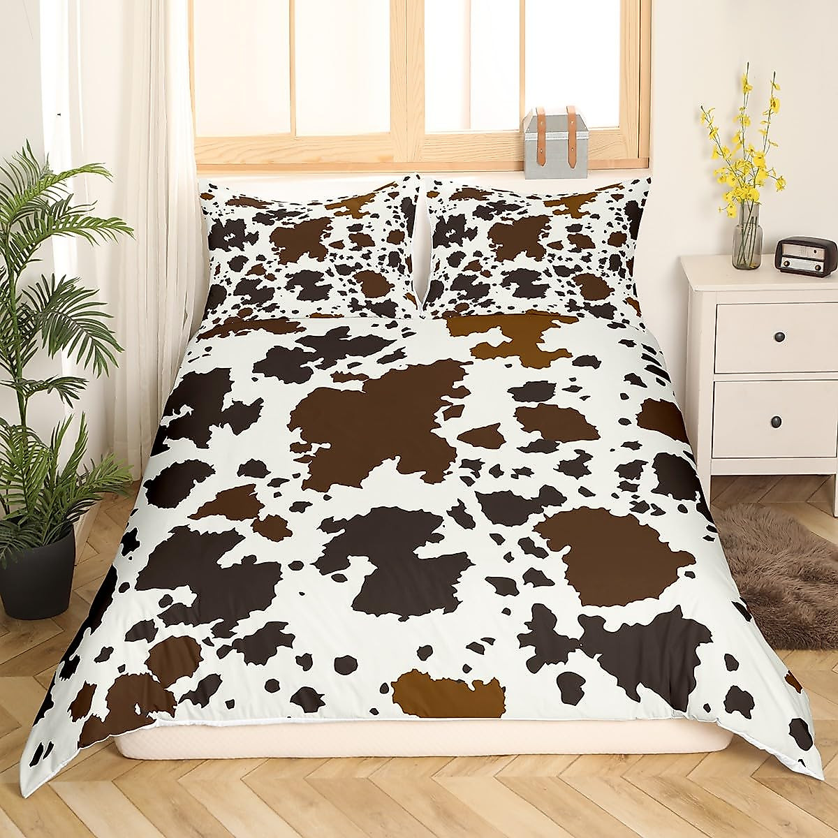 Erosebridal Brown Cowhide Comforter Cover Western Animals Duvet Cover,Black White Longhorn Highland Cow Skin Bedding Set Animal Hide Fur Hair Spot King Bed Set,Cowboy Farmhouse Room Decor