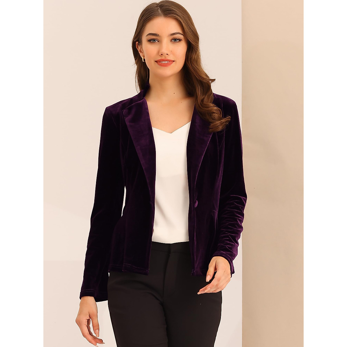 Allegra K Women's Work Office Velvet Belted Lapel Collar Blazer Jacket Medium Purple