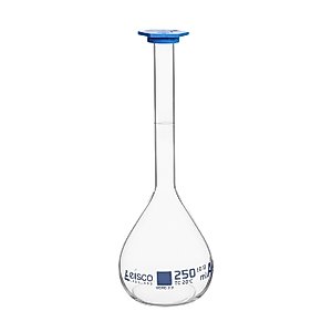 EISCO Volumetric Flask, 250ml - Class A, ASTM - Snap Cap - Blue Graduation Mark, Tolerance ±0.120ml