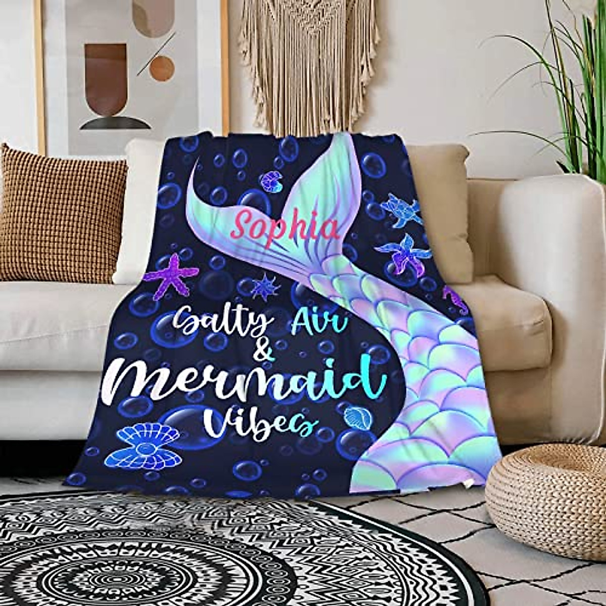Personalized Mermaid Blanket Custom Name Blanket for Girls Women Customized Mermaid Tail Scale Blanket Cute Animal Soft Cozy Lightweight Fleece Throw Blanket Birthday Gift For Sofa Bed XS For Toddlers