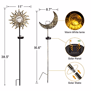 Solar Lights Outdoor Garden Decor,Waterproof Metal Sun Moon Decorative Stakes Crackle Globes Decoration for Walkway,Yard,Lawn,Patio(2 Pack)